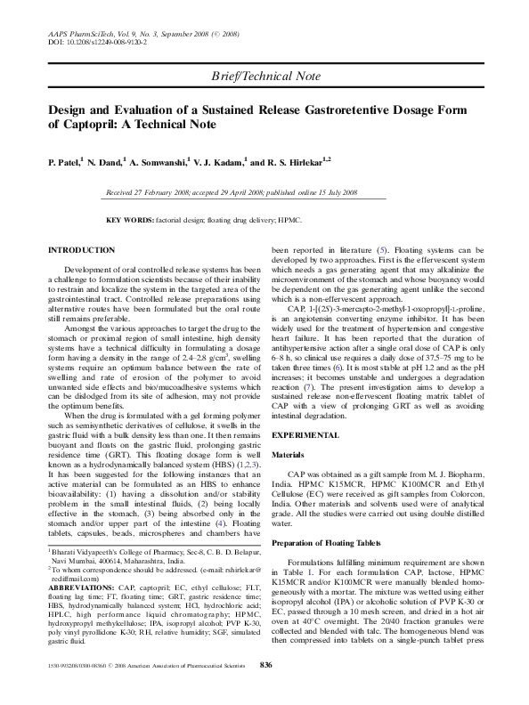 Pdf Design And Evaluation Of A Sustained Release Gastroretentive Dosage Form Of Captopril A