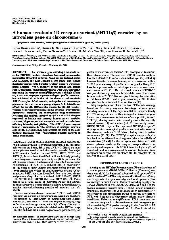 (PDF) A human serotonin 1D receptor variant (5HT1D beta) encoded by an ...