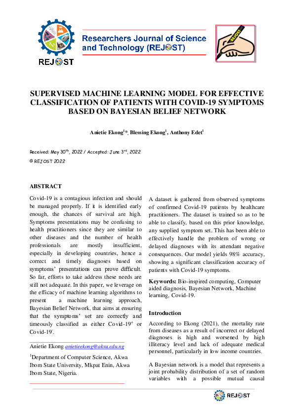 (PDF) SUPERVISED MACHINE LEARNING MODEL FOR EFFECTIVE CLASSIFICATION OF PATIENTS WITH COVID-19 ...