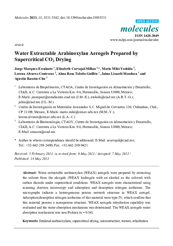 (PDF) Water Extractable Arabinoxylan Aerogels Prepared by Supercritical ...