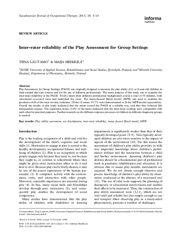 (PDF) Inter-rater reliability of the Play Assessment for Group Settings ...