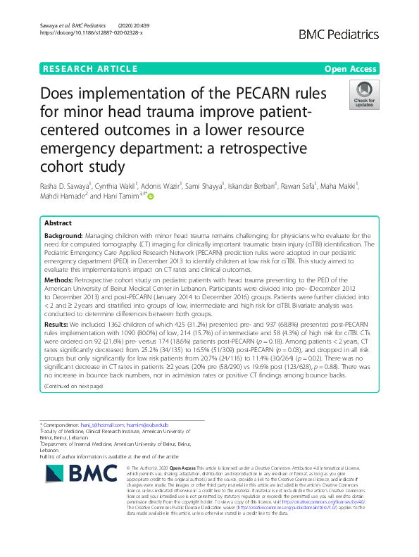 (PDF) Does implementation of the PECARN rules for minor head trauma ...