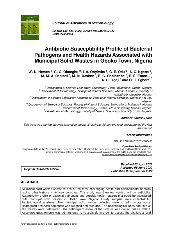 (PDF) Antibiotic Susceptibility Profile of Bacterial Pathogens and Health Hazards Associated ...
