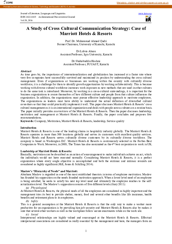(PDF) A Study of Cross Cultural Communication Strategy: Case of Marriott Hotels & Resorts