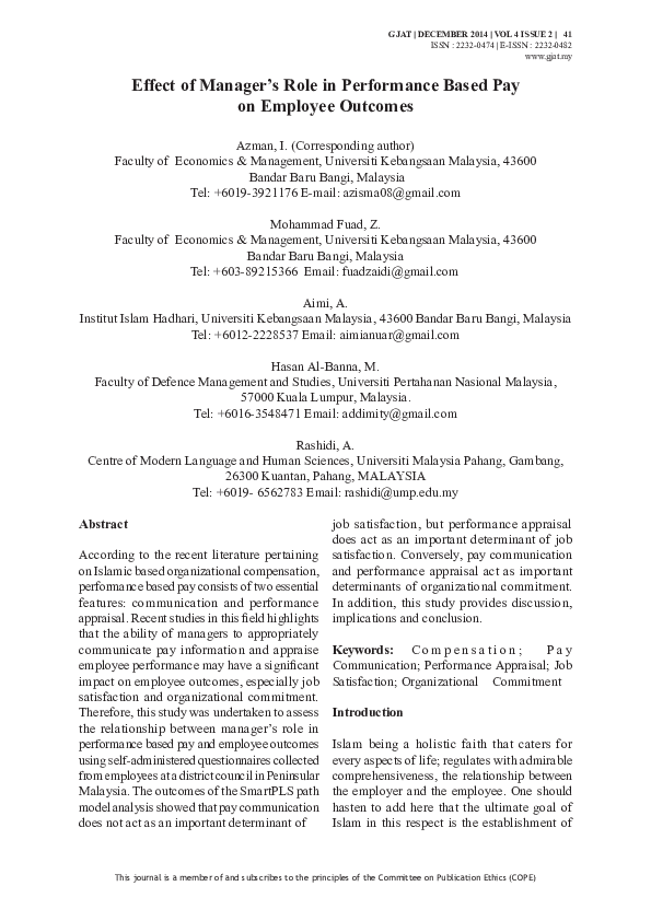 (PDF) Effect of Manager’s Role in Performance Based Pay on Employee ...