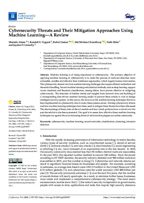 (PDF) Cybersecurity Threats and Their Mitigation Approaches Using Machine Learning—A Review