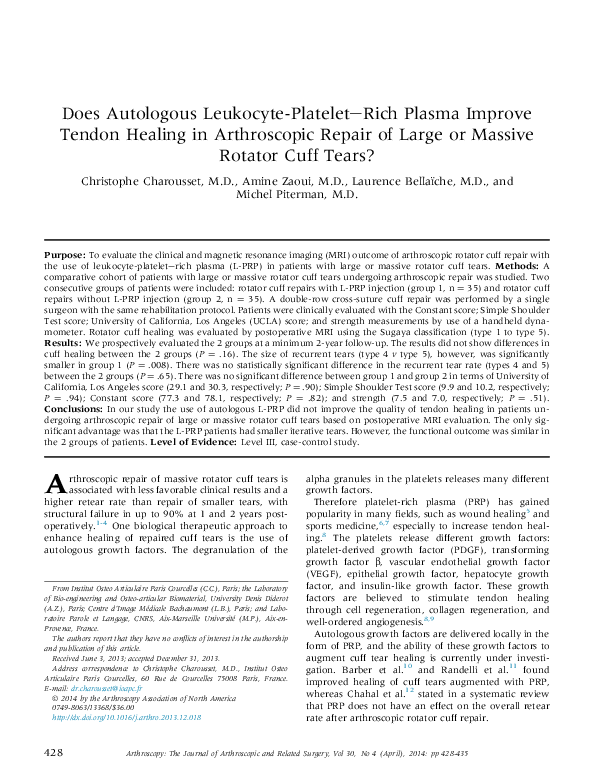 (PDF) Does Autologous Leukocyte-Platelet–Rich Plasma Improve Tendon ...