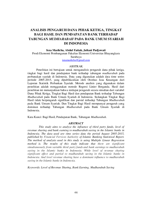 (PDF) Analisis Pengaruh Dana Pihak Ketiga, Tingkat Bagi Hasil Dan Pendapatan Bank Terhadap ...