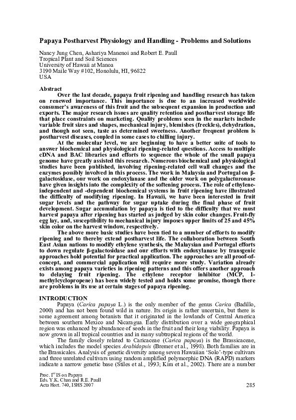 (PDF) Papaya Postharvest Physiology and Handling - Problems and Solutions