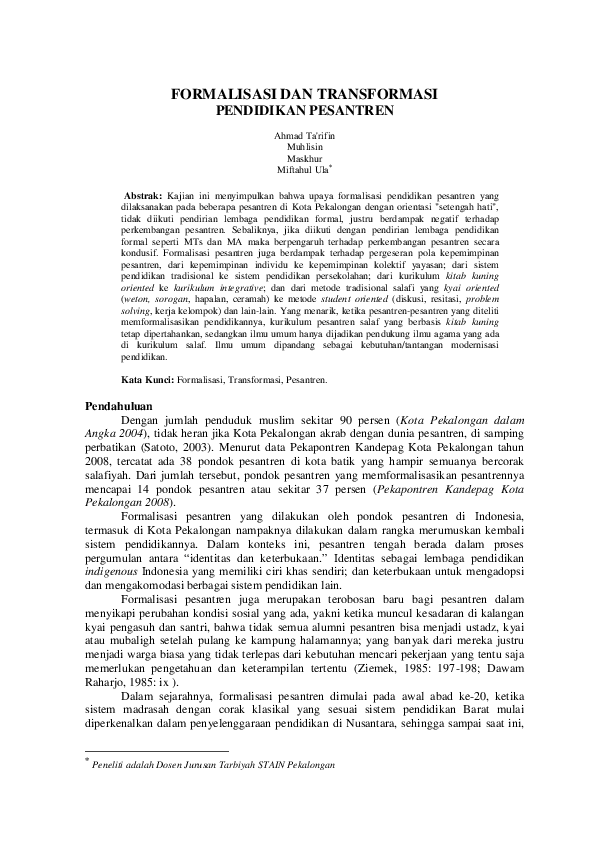 (PDF) Formalisasi Dan Transformasi Pendidikan Pesantren