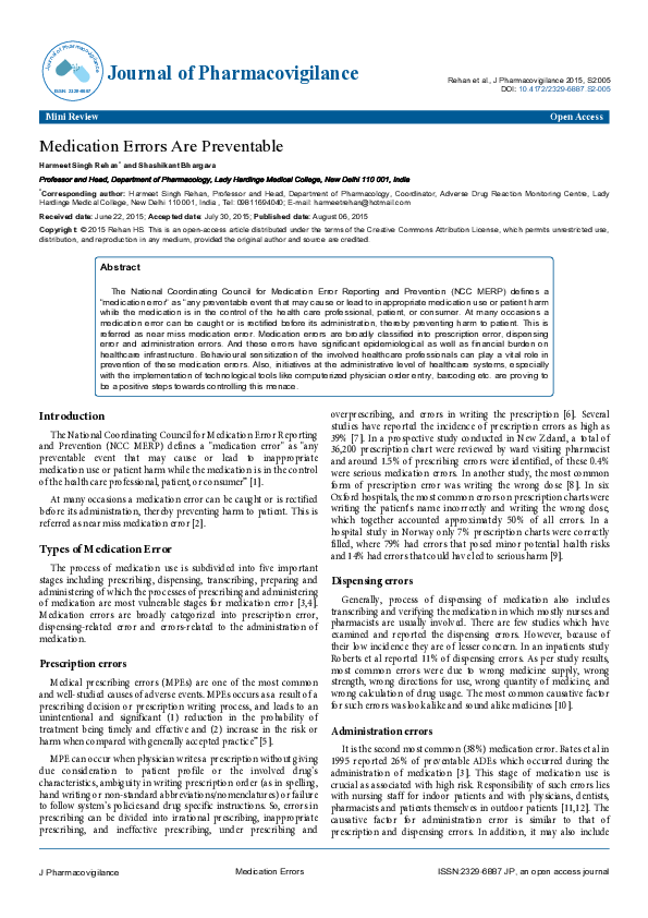 (PDF) Medication Errors Are Preventable