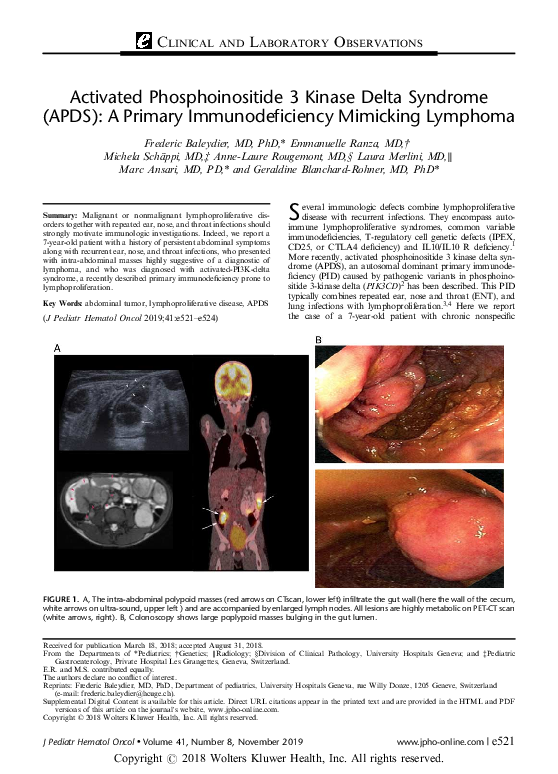 (PDF) Activated Phosphoinositide 3 Kinase Delta Syndrome (APDS): A ...