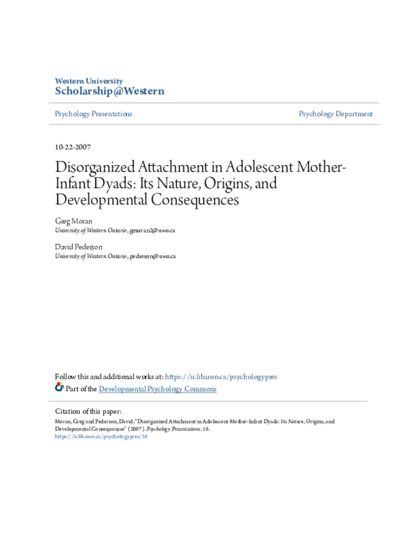 (PDF) Disorganized Attachment in Adolescent Mother-Infant Dyads: Its ...