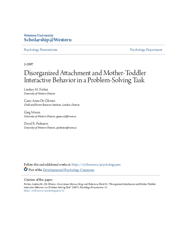 (PDF) Disorganized Attachment and Mother-Toddler Interactive Behavior in a Problem-Solving Task