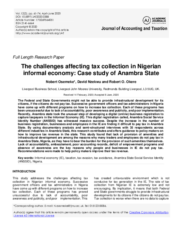 (PDF) The challenges affecting tax collection in Nigerian informal economy: Case study of ...