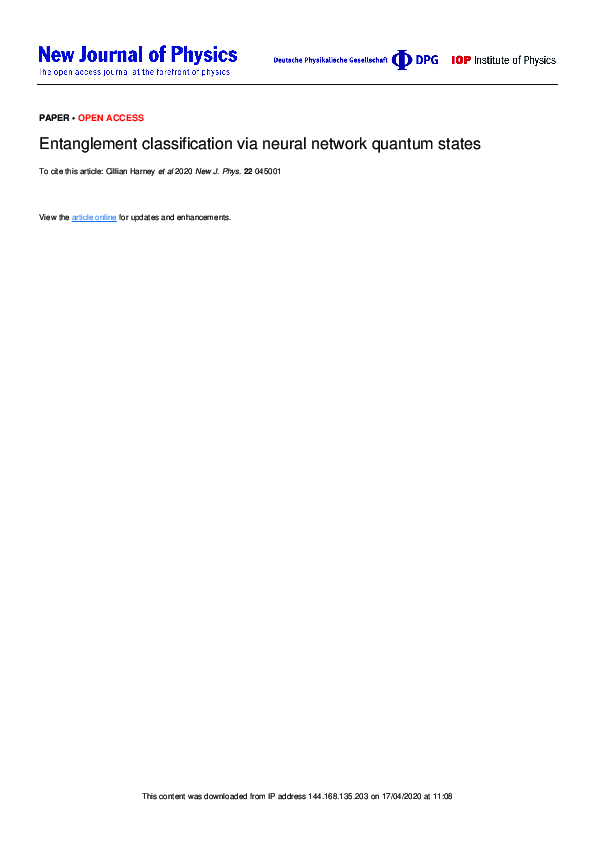 Pdf Entanglement Classification Via Neural Network Quantum States