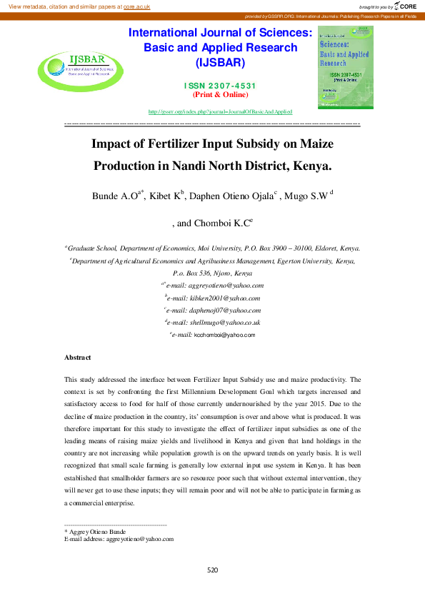 (PDF) Impact of Fertilizer Input Subsidy on Maize Production in Nandi ...