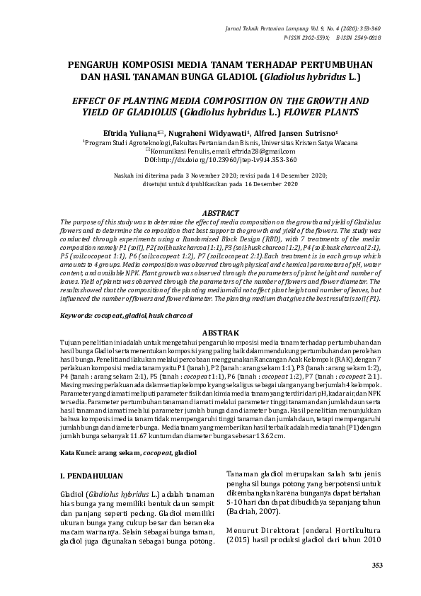 (PDF) PENGARUH KOMPOSISI MEDIA TANAM TERHADAP PERTUMBUHAN DAN HASIL TANAMAN BUNGA GLADIOL ...