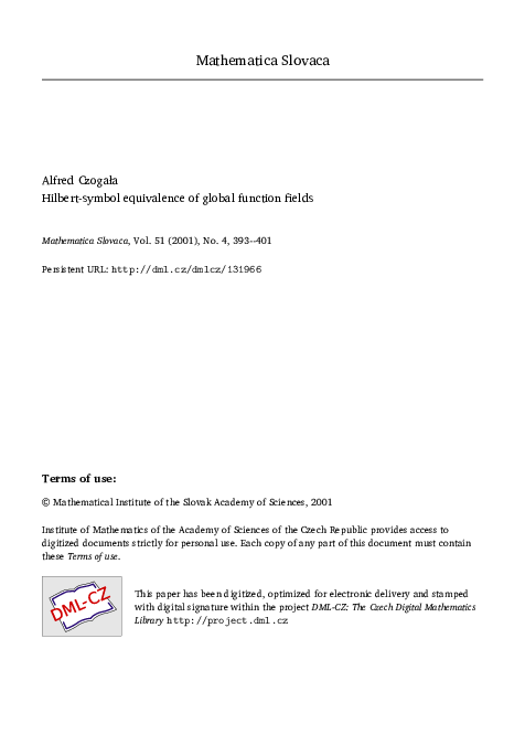 (PDF) Hilbert-symbol equivalence of global function fields | Alfred Czogała - Academia.edu