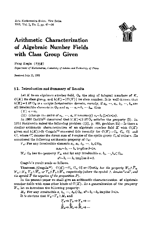 (PDF) Arithmetic characterization of algebraic number fields with class group given