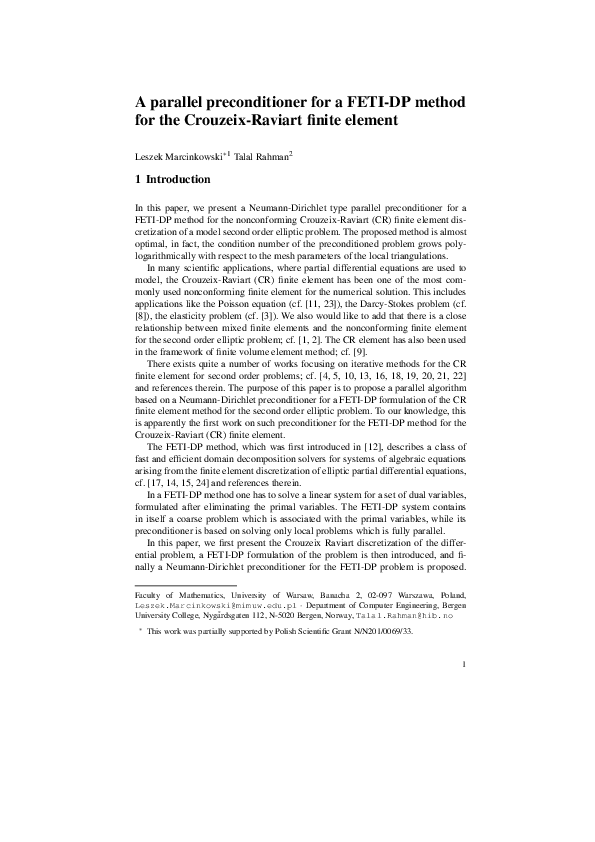 Pdf A Parallel Preconditioner For A Feti Dp Method For The Crouzeixraviart Finite Element 