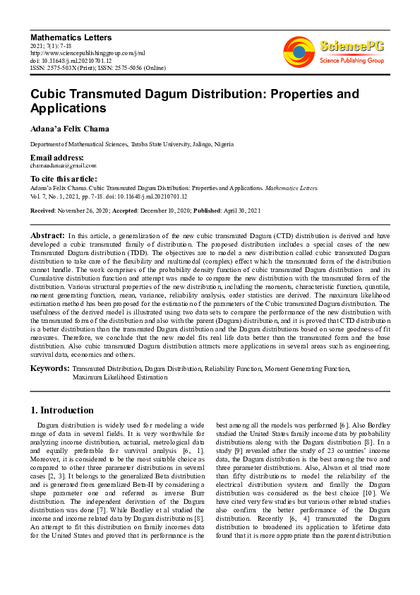 Pdf Cubic Transmuted Dagum Distribution Properties And Applications