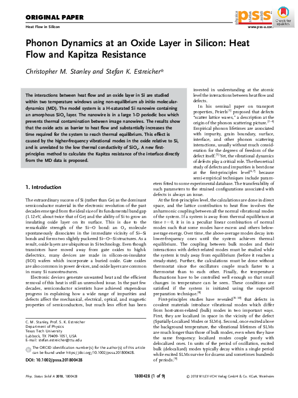 (PDF) Phonon Dynamics at an Oxide Layer in Silicon: Heat Flow and Kapitza Resistance