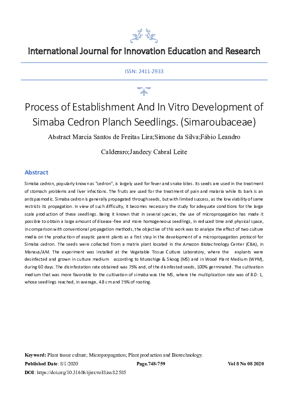 (PDF) Process of Establishment And In Vitro Development of Simaba ...