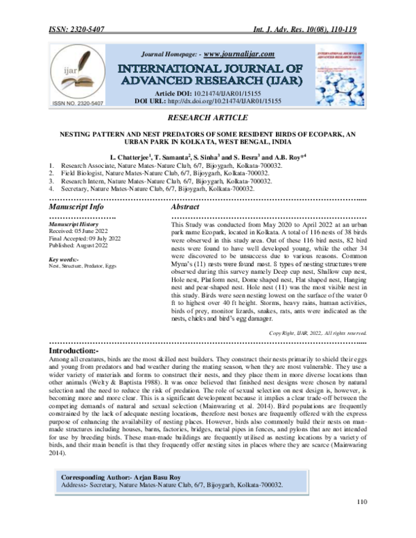 (PDF) NESTING PATTERN AND NEST PREDATORS OF SOME RESIDENT BIRDS OF ...