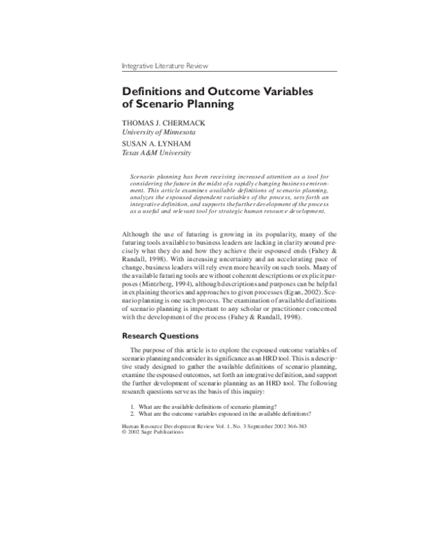 (PDF) Definitions and Outcome Variables of Scenario Planning