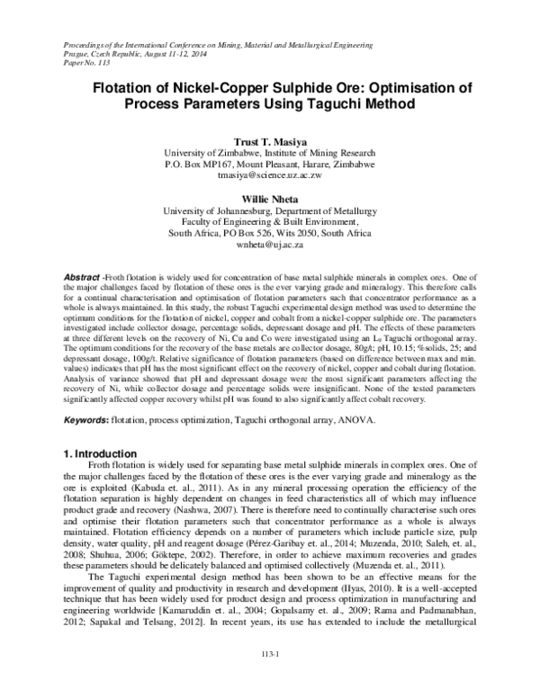 (PDF) Flotation of nickel-copper sulphide ore : optimisation of process parameters using Taguchi ...