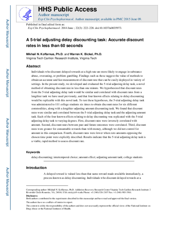 (PDF) A 5-trial adjusting delay discounting task: Accurate discount ...