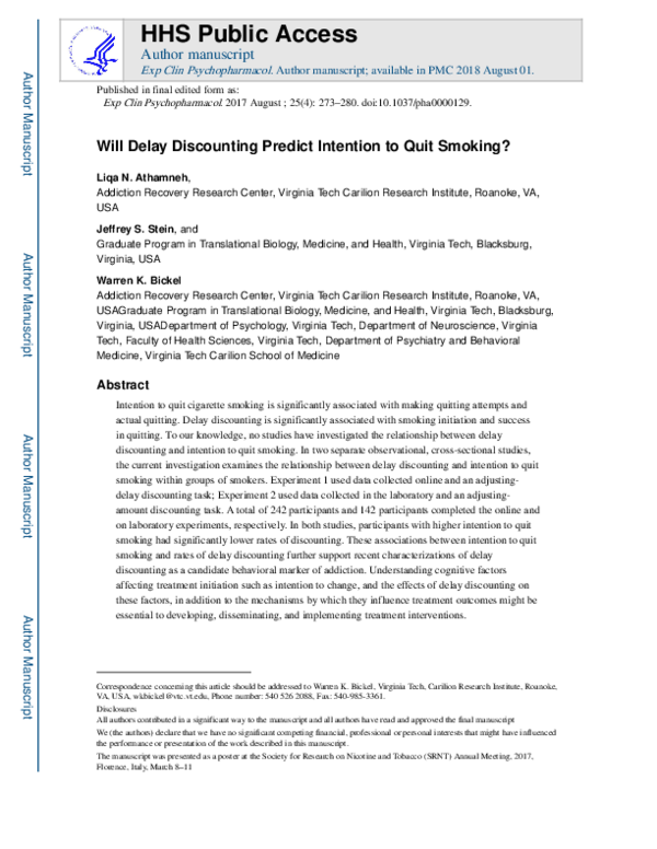 (PDF) Will Delay Discounting Predict Intention to Quit Smoking?
