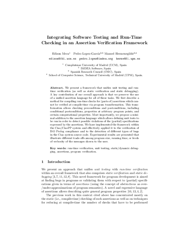 Pdf Integrating Software Testing And Run Time Checking In An Assertion Verification Framework