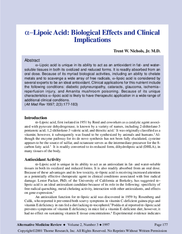 (PDF) α−Lipoic Acid: Biological Effects and Clinical Implications (PDF) α−Lipoic Acid: Biological Effects and Clinical Implications