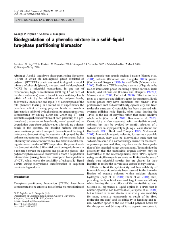 (PDF) Biodegradation of a phenolic mixture in a solid–liquid two-phase partitioning bioreactor