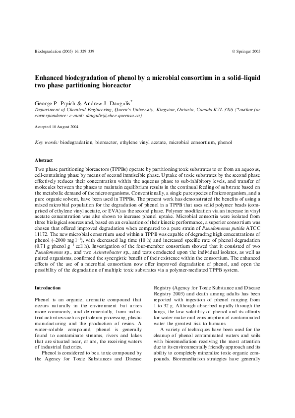 (PDF) Enhanced biodegradation of phenol by a microbial consortium in a solid?liquid two phase ...