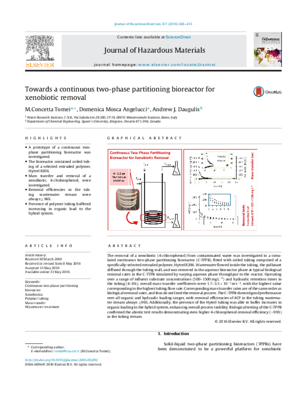 Pdf Towards A Continuous Two Phase Partitioning Bioreactor For Xenobiotic Removal