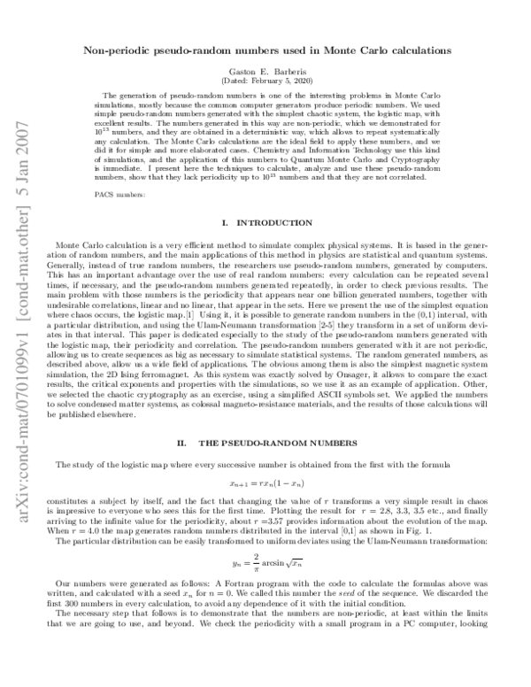 Pdf Non Periodic Pseudo Random Numbers Used In Monte Carlo