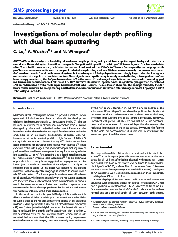 (PDF) Investigations of molecular depth profiling with dual beam sputtering