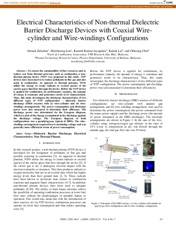 (PDF) Electrical Characteristics of Non-thermal Dielectric Barrier ...