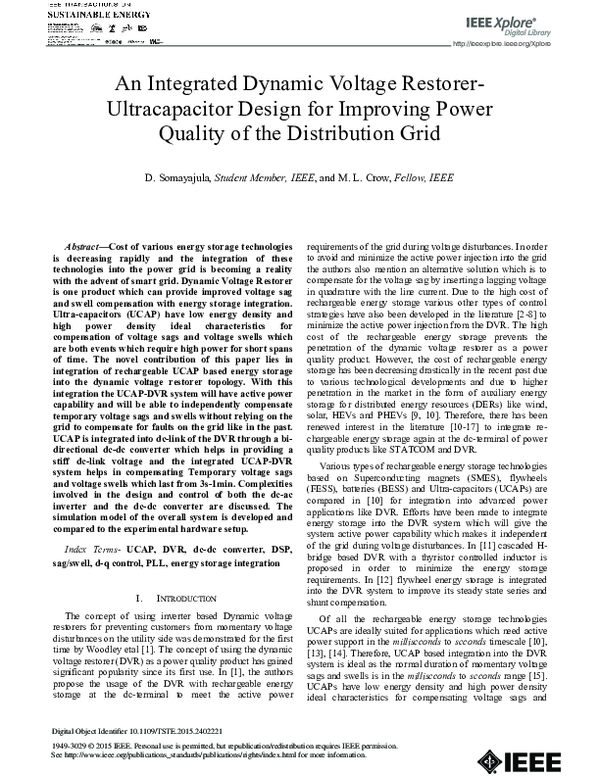 (PDF) An Integrated Dynamic Voltage Restorer-Ultracapacitor Design for Improving Power Quality ...