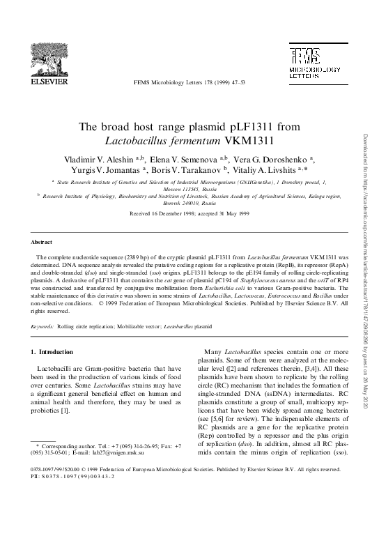 (PDF) The broad host range plasmid pLF1311 fromLactobacillus fermentumVKM1311