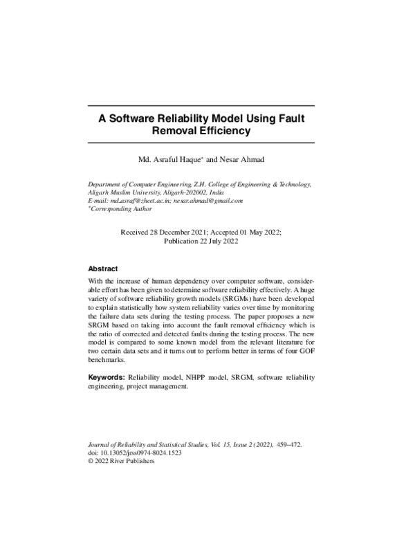 A Software Reliability Model Using Fault Removal Efficiency
