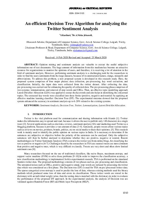 Pdf An Efficient Decision Tree Algorithm For Analyzing The Twitter Sentiment Analysis