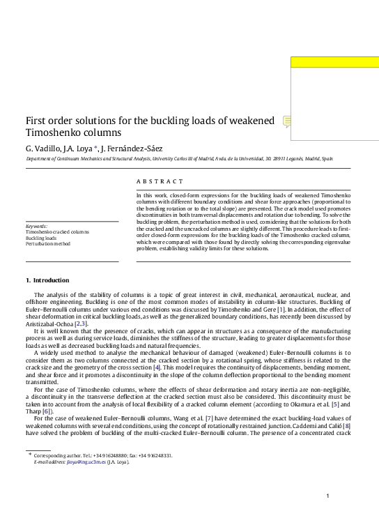 (PDF) First order solutions for the buckling loads of weakened ...