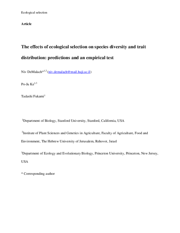 (PDF) The effects of ecological selection on species diversity and ...