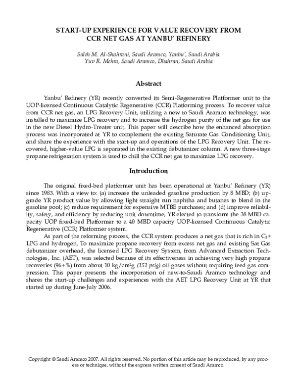 (PDF) Start-Up Experience for Value Recovery from CCR Net Gas at Yanbu ...