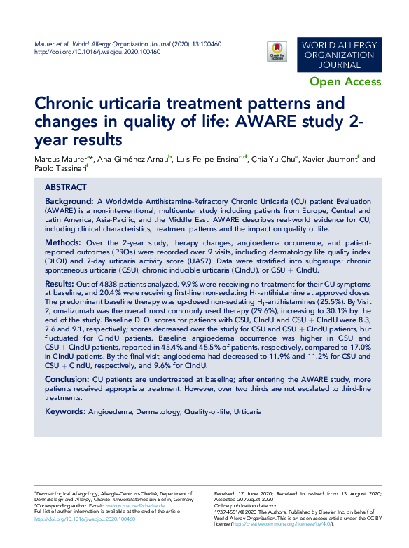 (PDF) Chronic urticaria treatment patterns and changes in quality of life: AWARE study 2-year ...