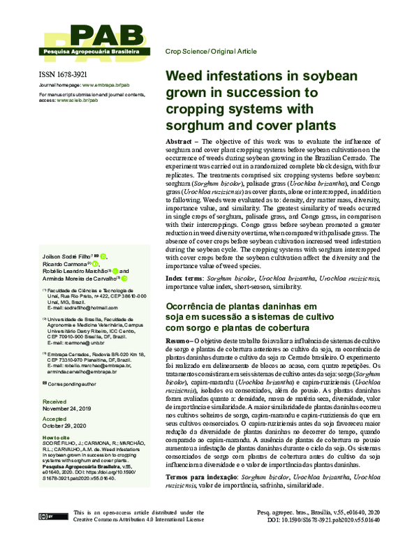(PDF) Weed infestations in soybean grown in succession to cropping systems with sorghum and ...